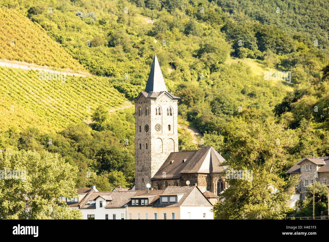 Pretty village with church, Rhine Gorge, Germany, Europe Stock Photo ...