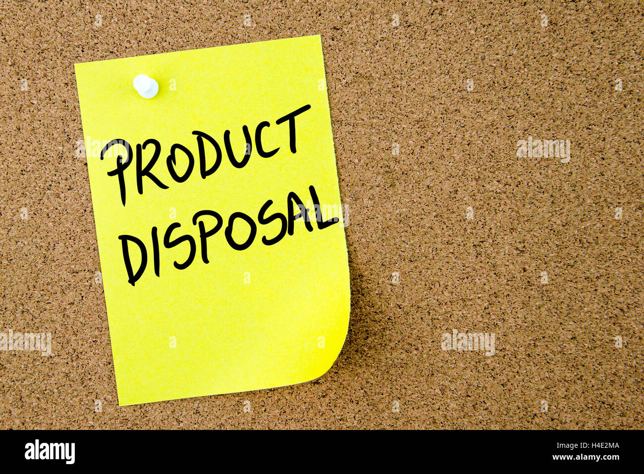 Product Disposal text written on yellow paper note pinned on cork board ...