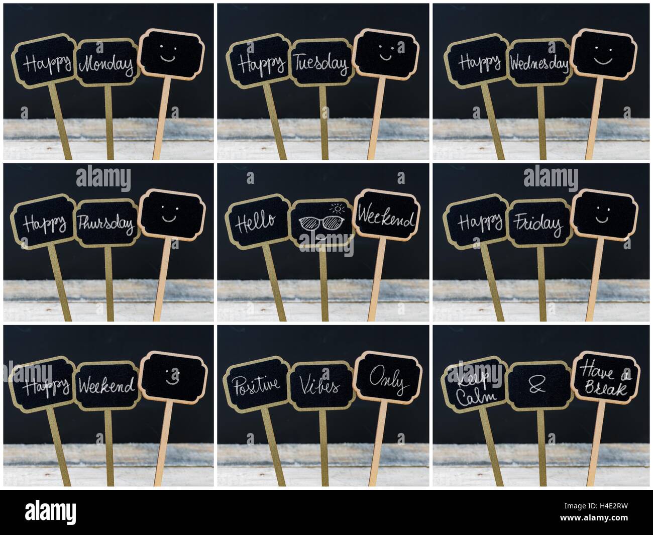 Photo collage of various greeting messages written with chalk on wooden ...