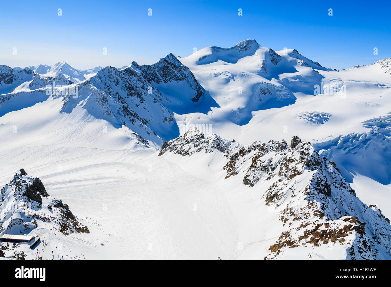 Mountains covered with snow in ski resort of Pitztal, Austrian Alps ...