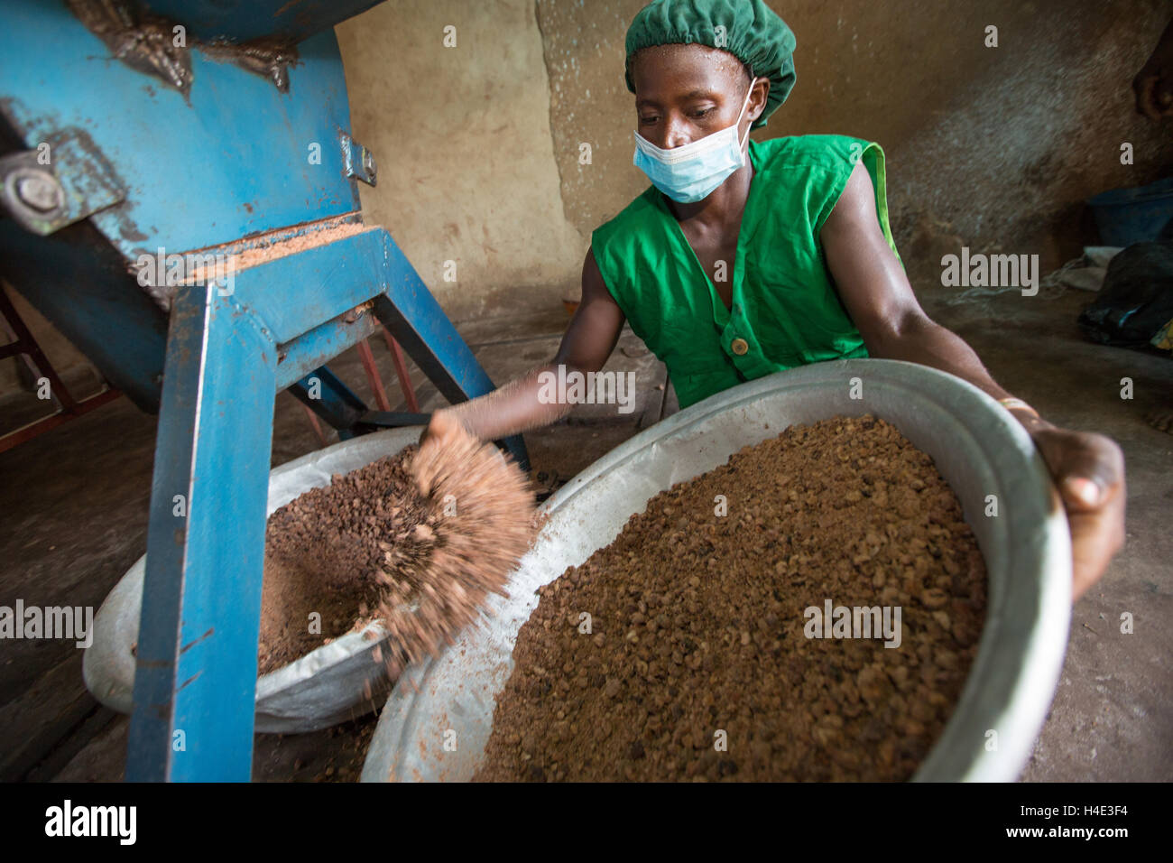 Employees process shea nuts into shea butter at a fair trade production ...