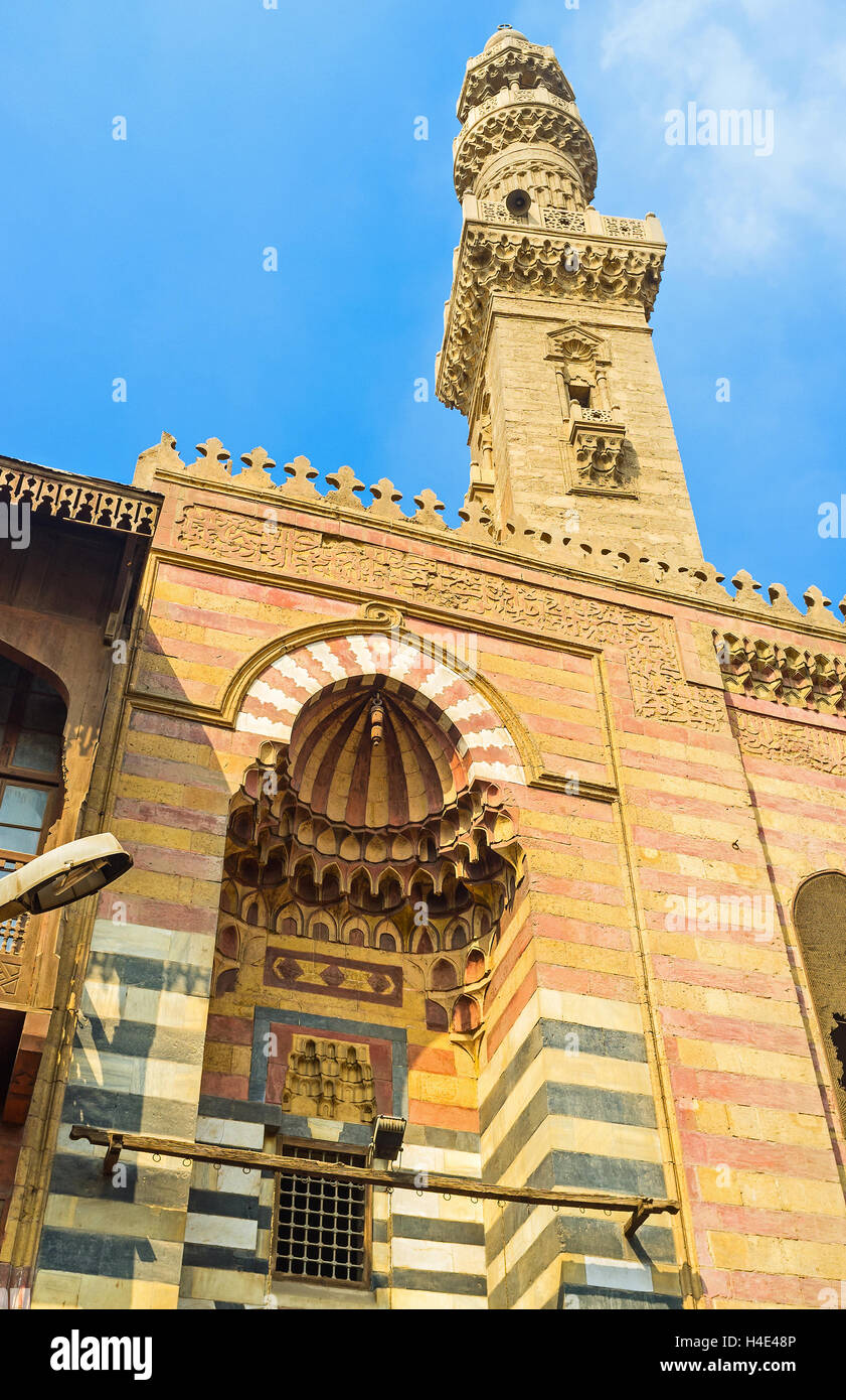 The iwan and minaret of Sultan Al-Ashraf Barsbay Mosque are richly ...