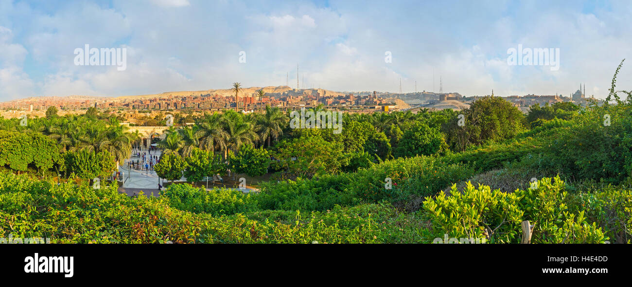 The lush greenery of Al-Azhar park with the dusty slums of Garbage City ...