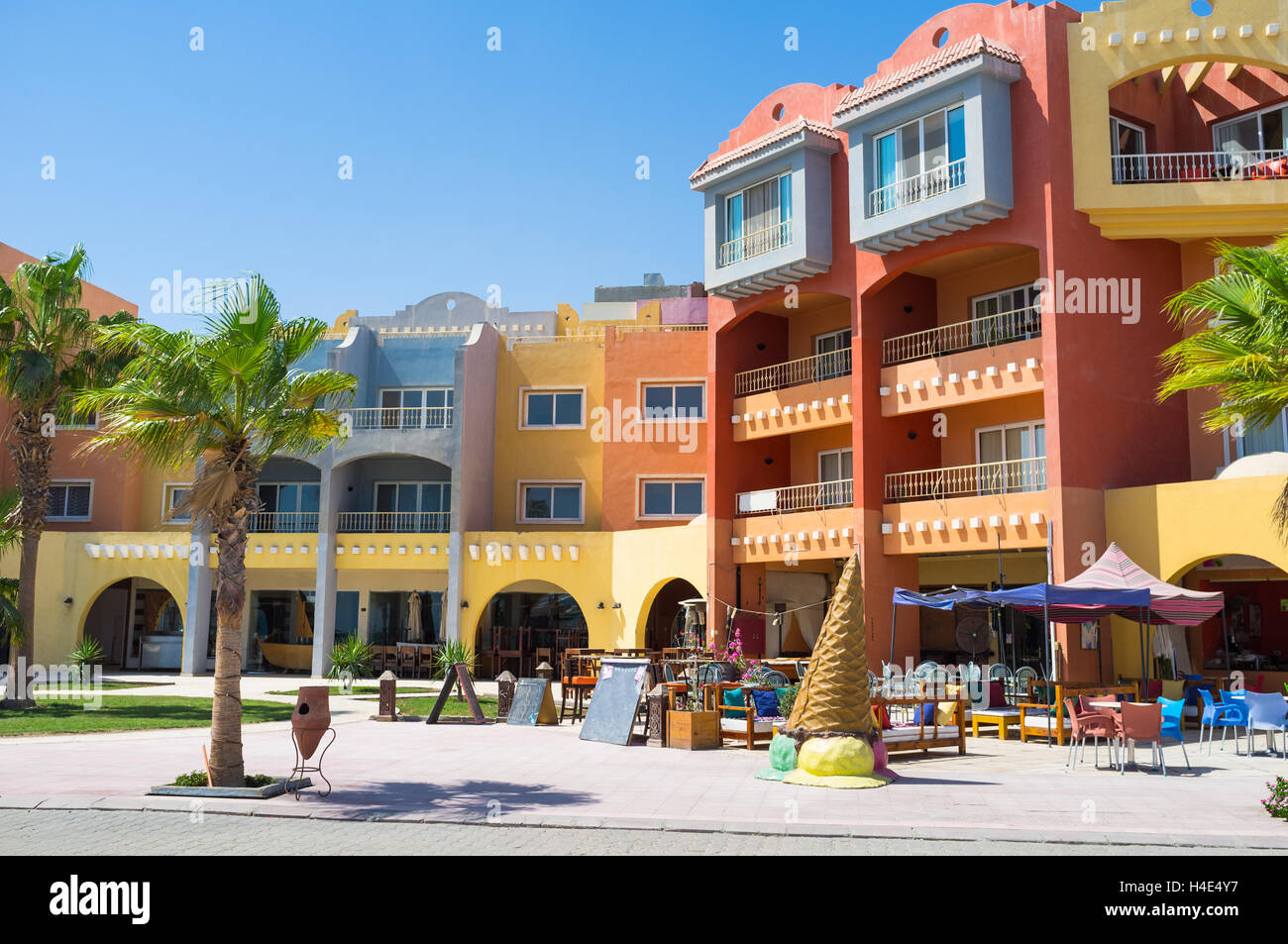 The cozy outdoor cafe in the modern Marina of Hurghada, Egypt Stock ...