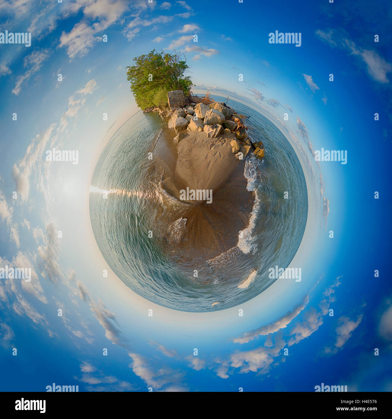 Spheric view of Point Pelee National Park beach at sunset, southwestern ...
