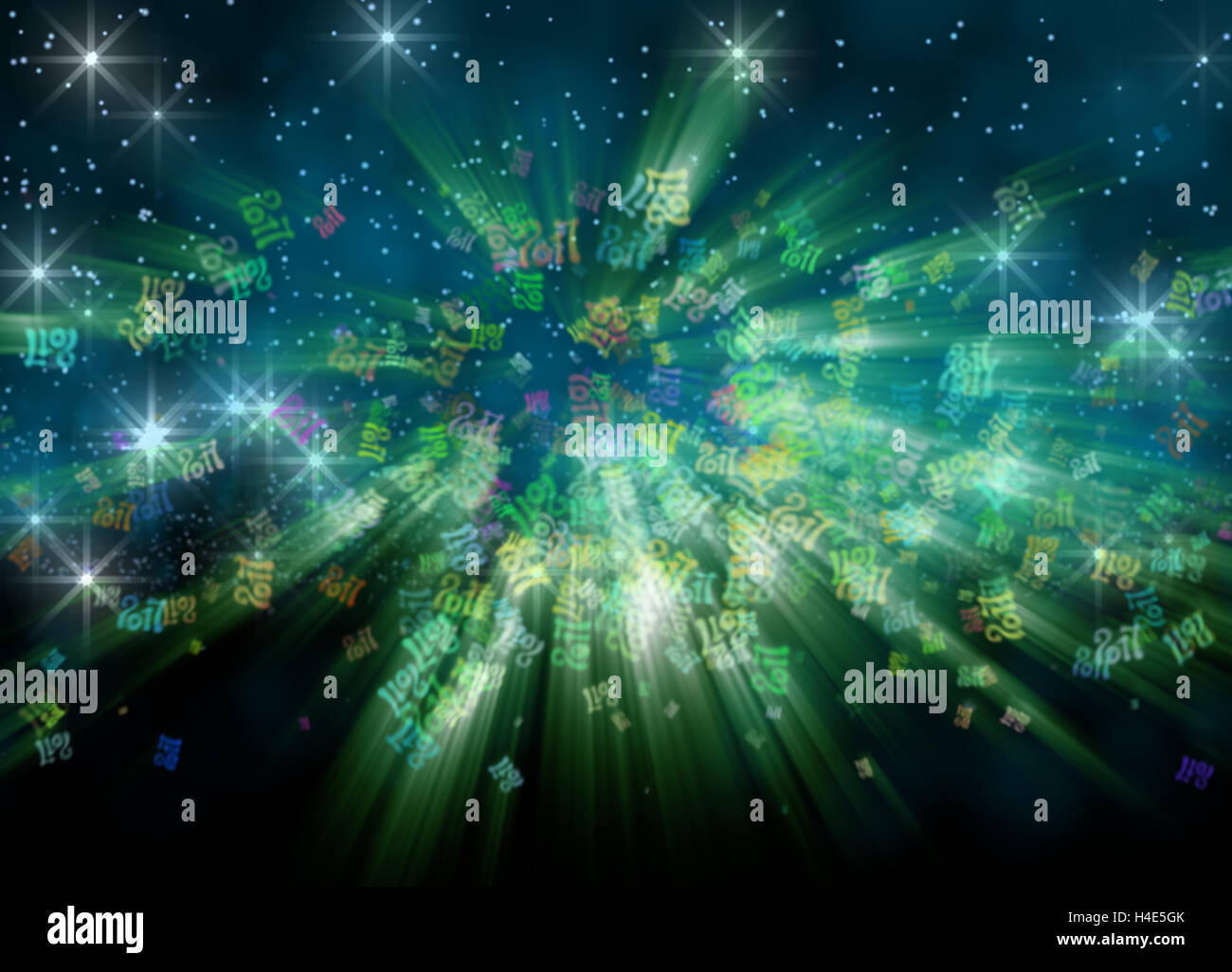 Happy new year 2017 flying digits numbers written with light on bright bokeh background. 3d ...