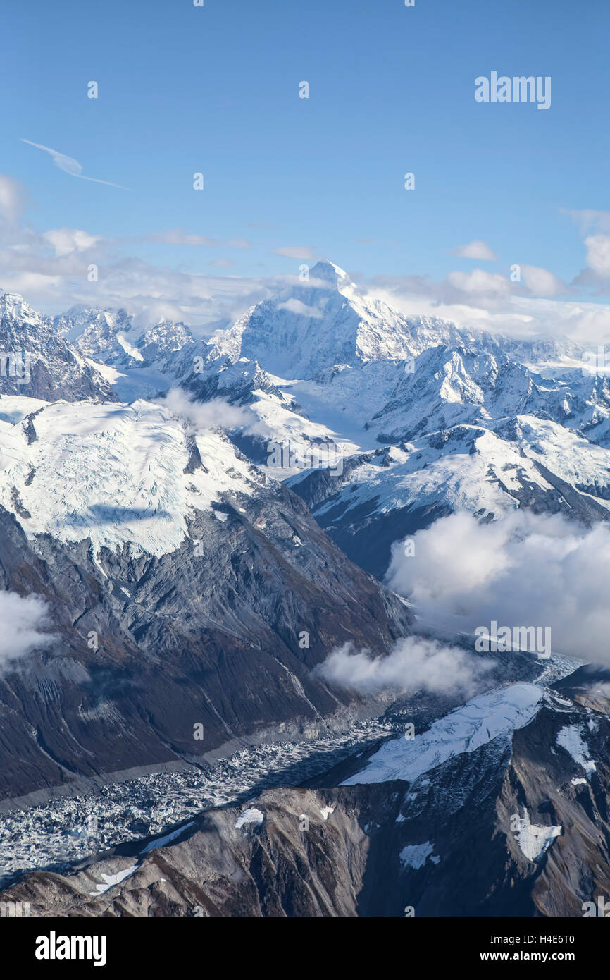 Aerial of Mt. Fairweather range in Southeast Alaska on a sunny day ...