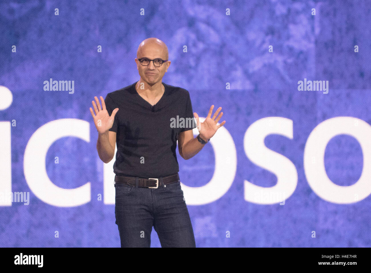 Satya Nadella, CEO of Microsoft, addresses the crowd at WE Day Seattle ...