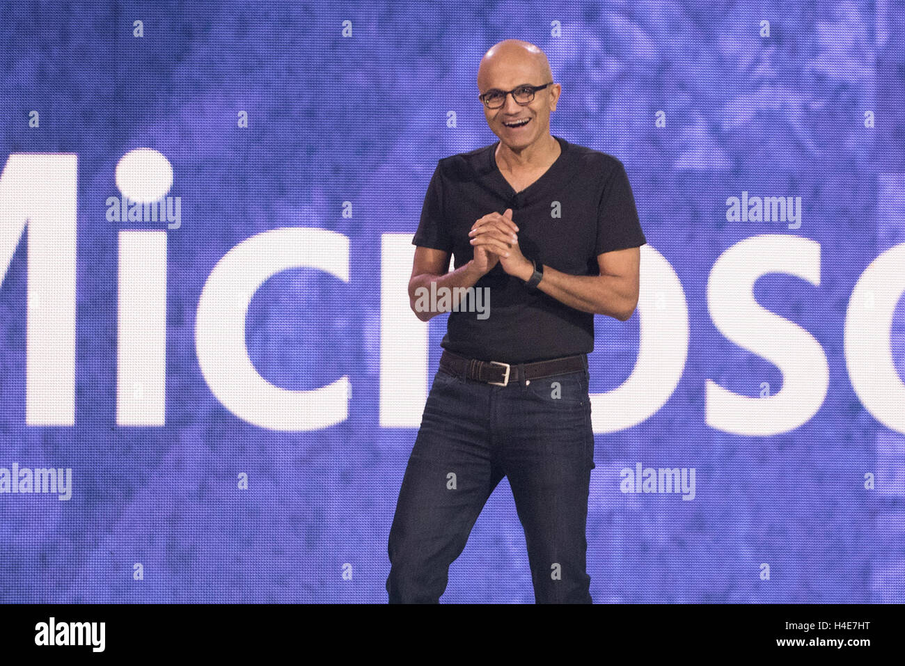 Satya Nadella, CEO of Microsoft, addresses the crowd at WE Day Seattle ...