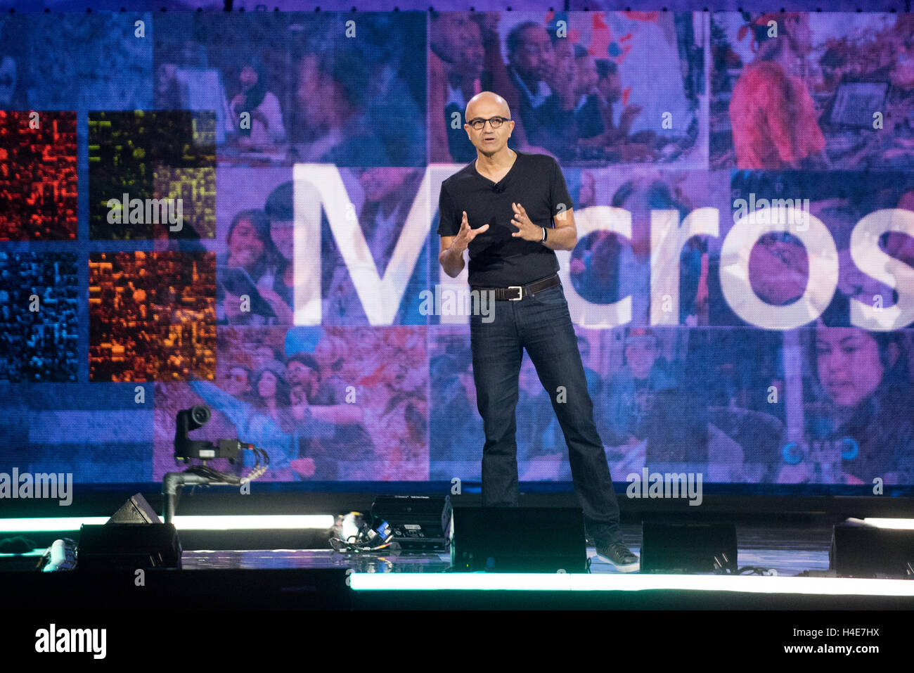 Satya Nadella, CEO of Microsoft, addresses the crowd at WE Day Seattle ...