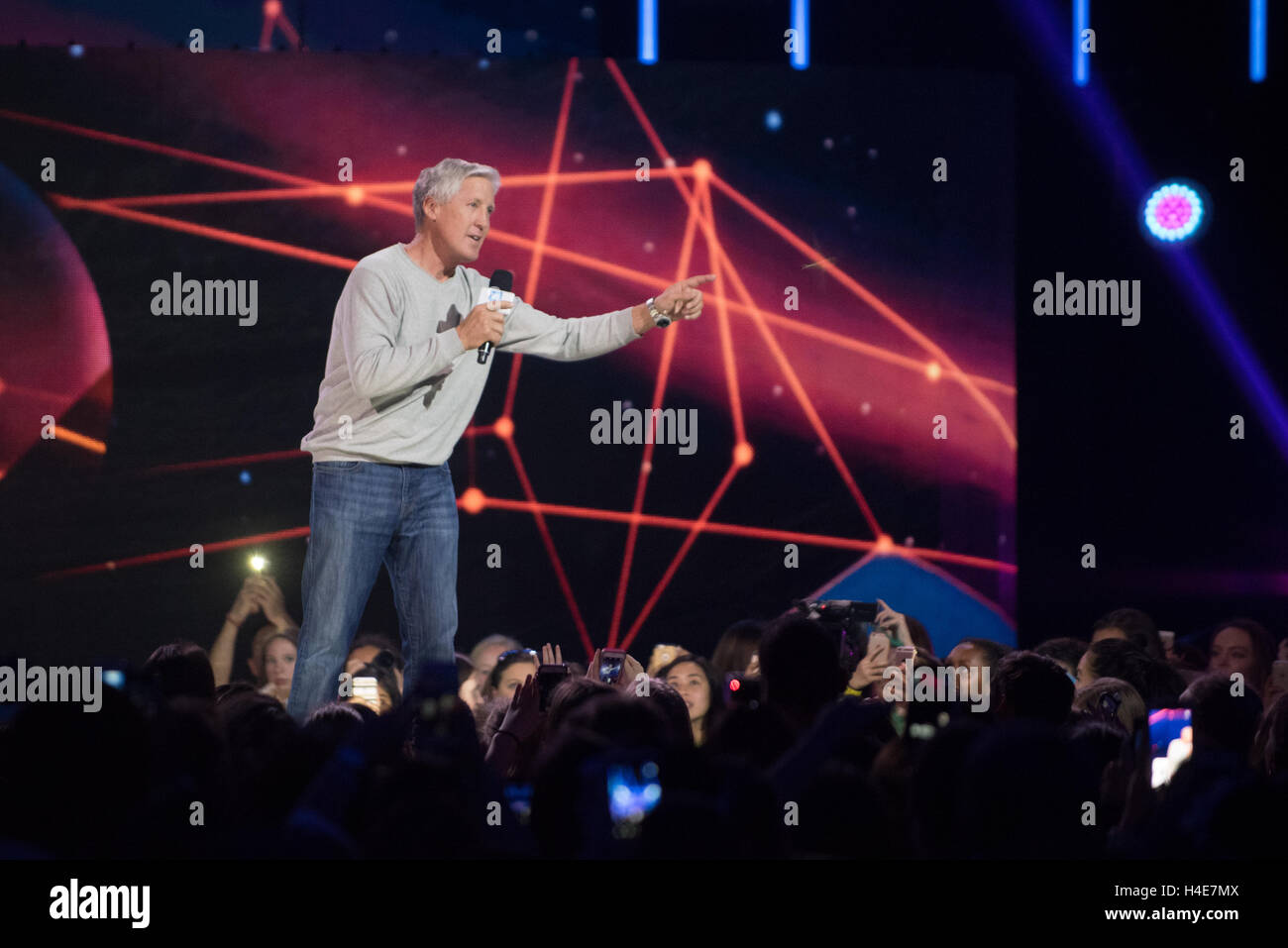 Head Coach of the Seattle Seahawks Pete Carroll addresses the crowd at ...