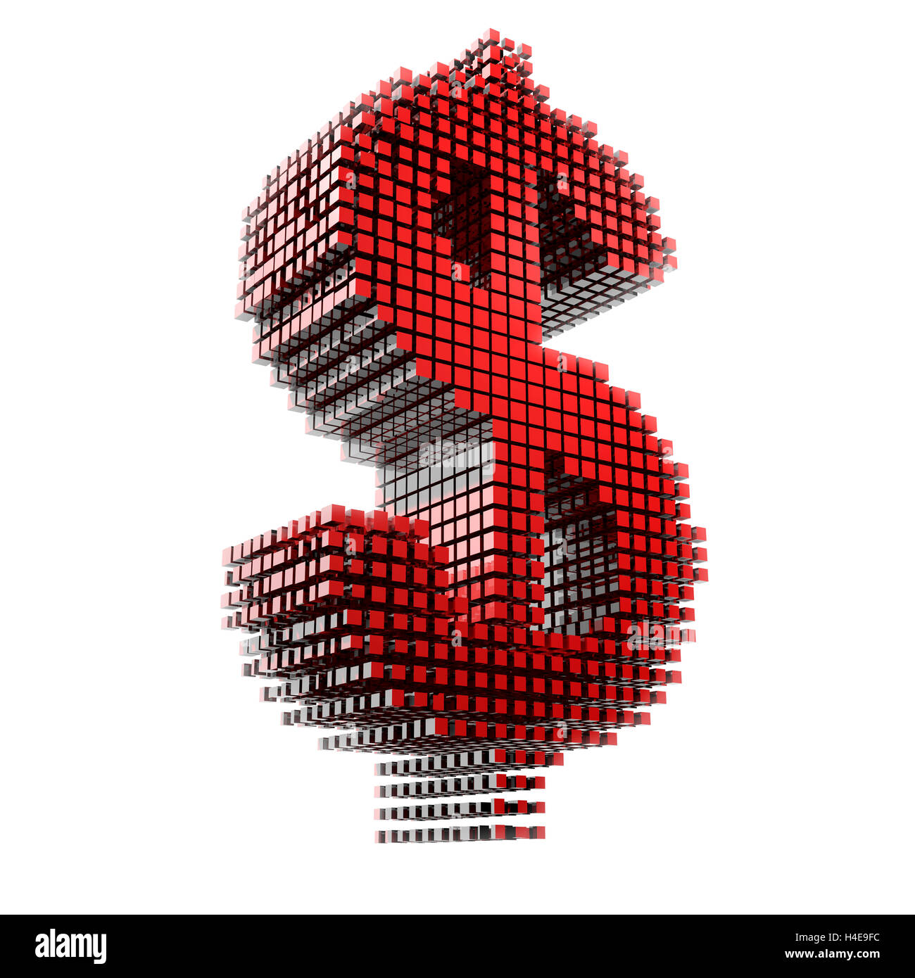 3D-dollar sign in red material fragments digitally in front of white ...