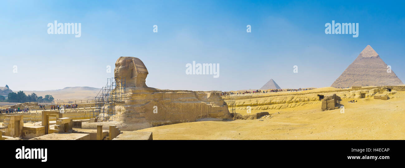 The Great Sphinx with the Pyramids on the background, Giza, Egypt Stock ...