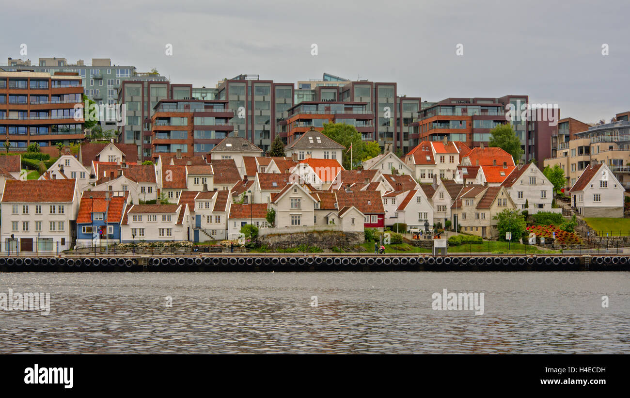 Old Stavanger, with traditional white painted wooden houses and modern ...
