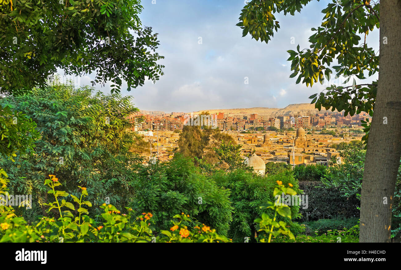 The Garbage City through the greenery of Al-Azhar park, Egypt Stock ...