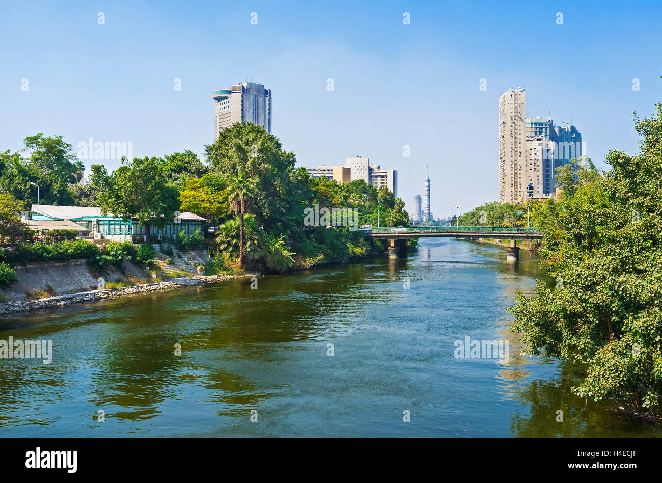 The bridge across the canal of Nile, that runs along El Roda Island ...