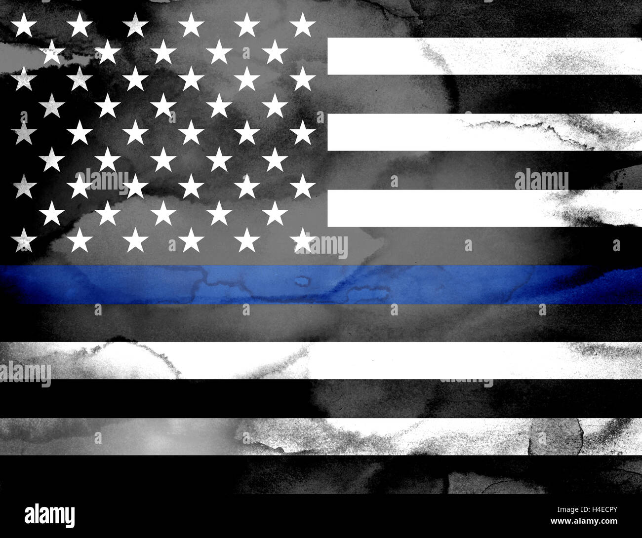 A police support flag with a blue line painted with washes of ...