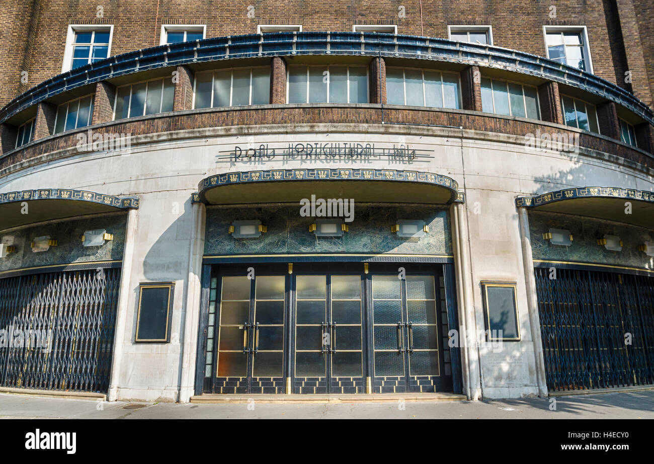 Exterior view of the art deco facade and entrance of the Lawrence Hall ...