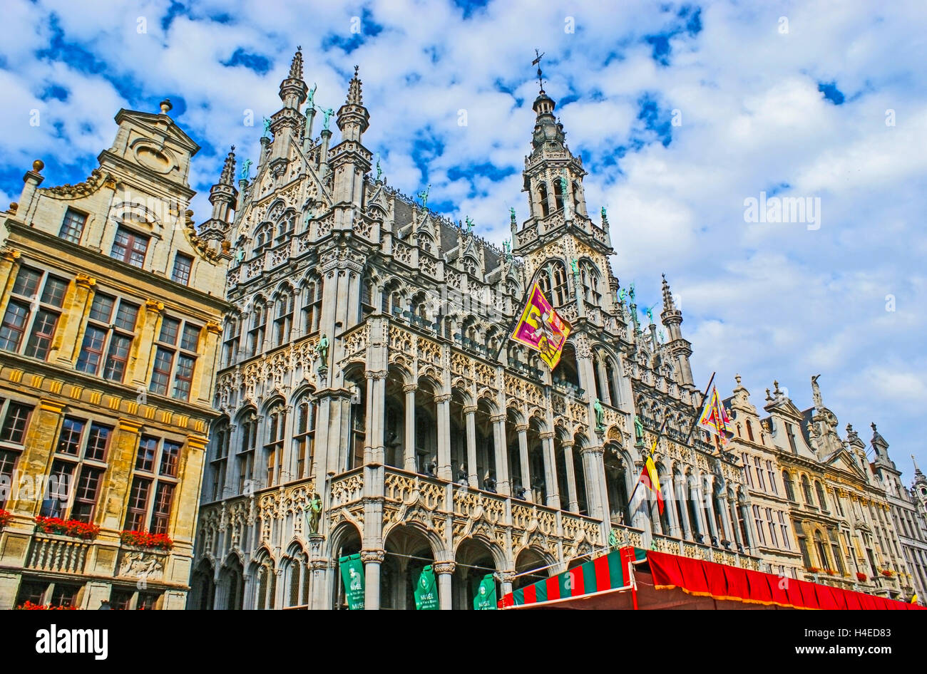 The King's House on the Grand Place decorated with old religious flags ...