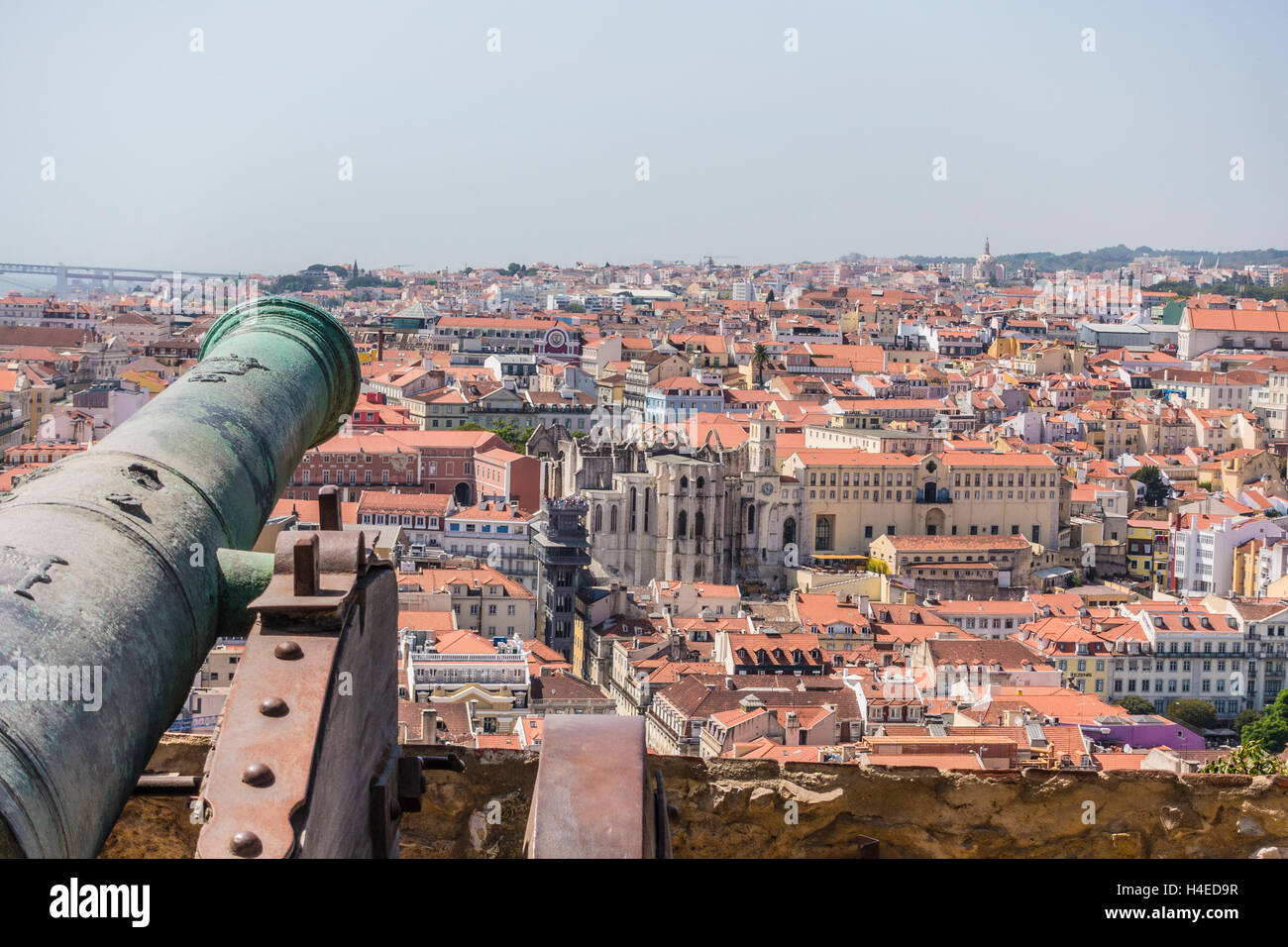 City view of Lisbon and the red tile roofs of the buildings from São ...