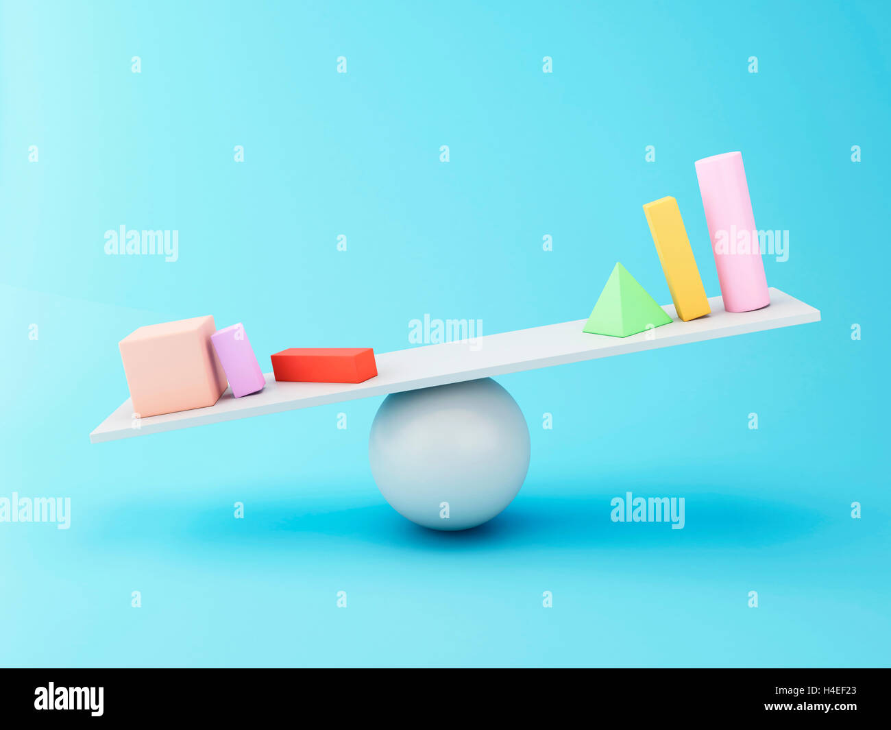3D Illustration. Different geometric shapes on balance. Business ...