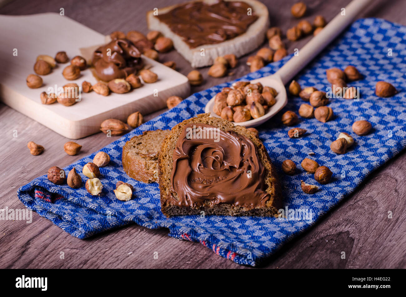 Healthy bread with Chocolate spread and nuts, all homemade Stock Photo ...