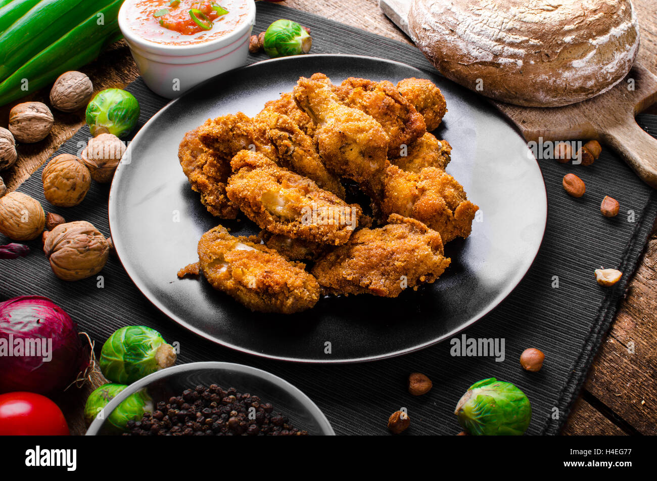 Spicy breaded chicken wings with homemade bread, all homemade Stock ...