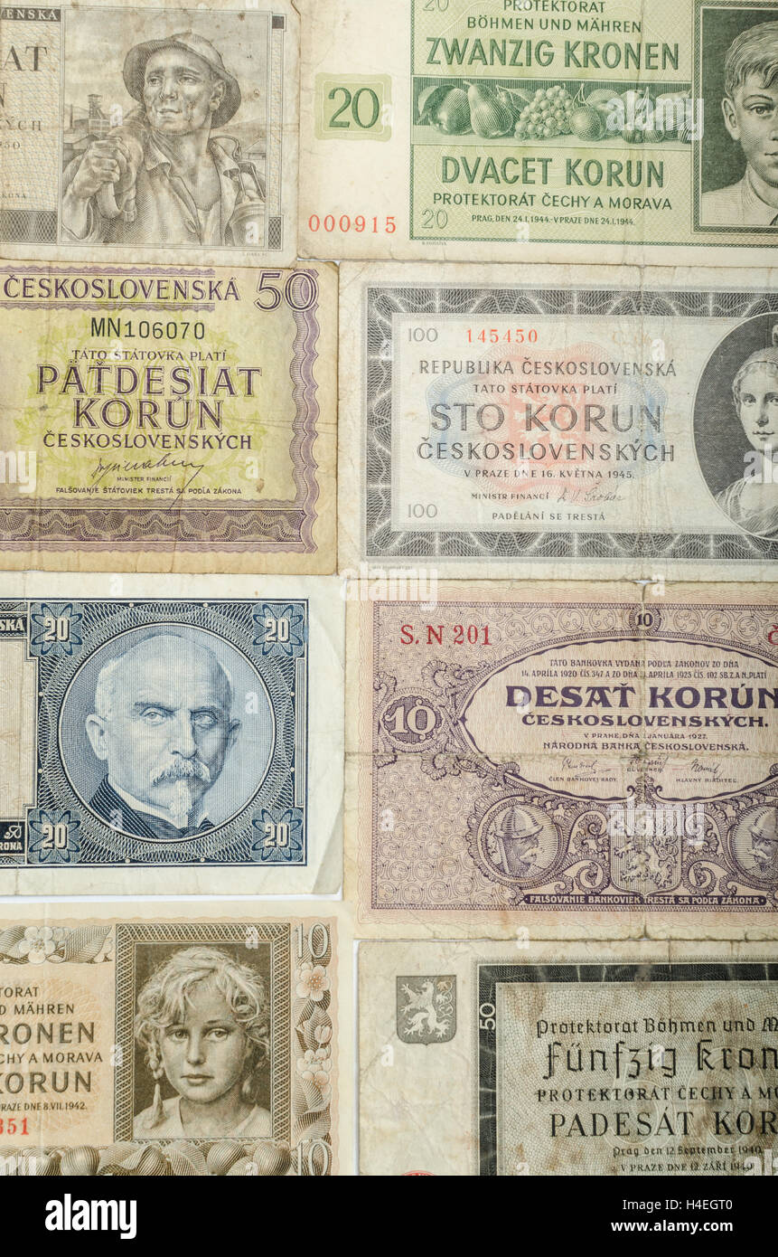Old Czech banknotes, money background, all real money Stock Photo - Alamy