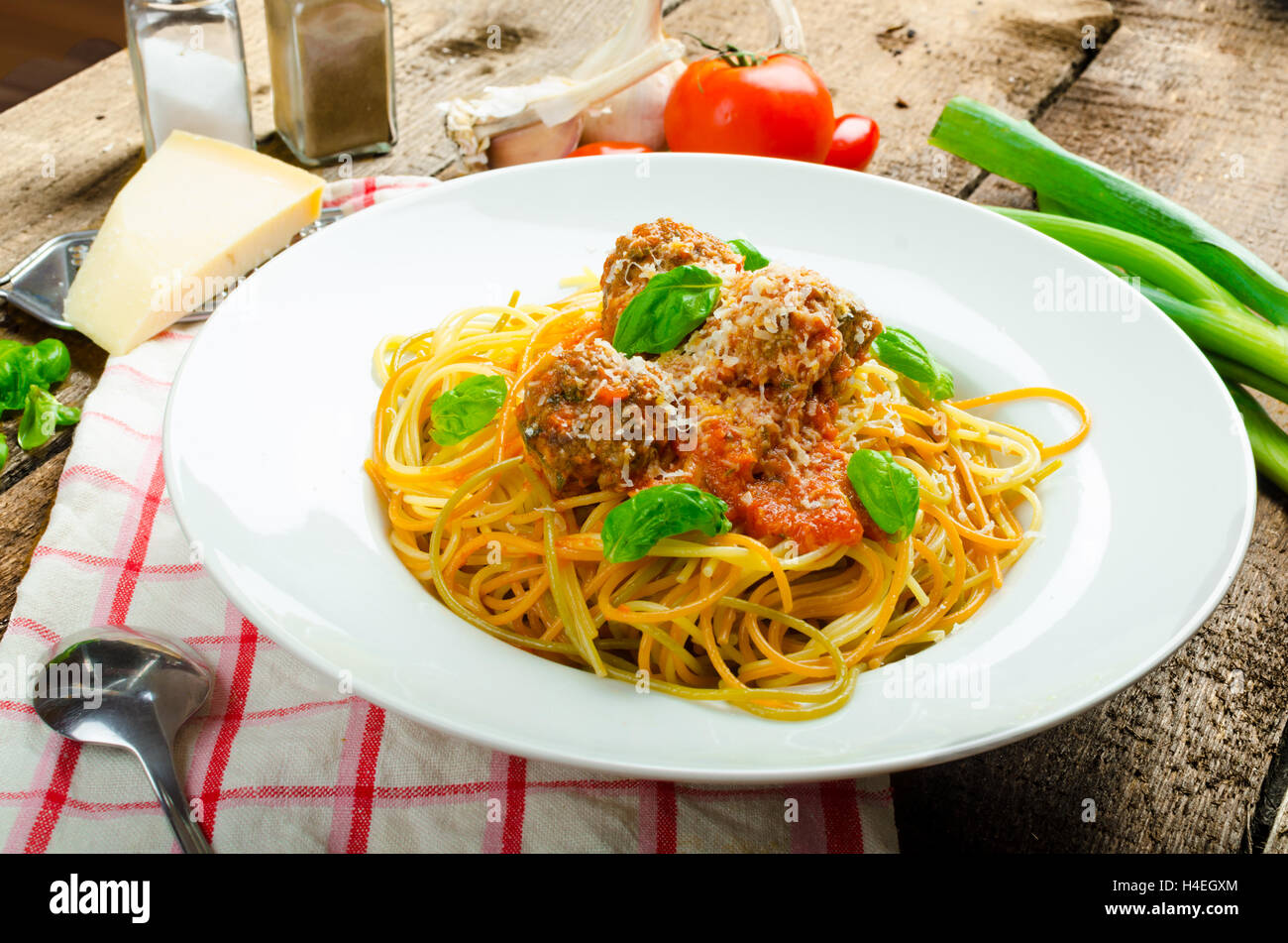 New York meatballs pasta, tomato sauce, all bio food from garden Stock ...