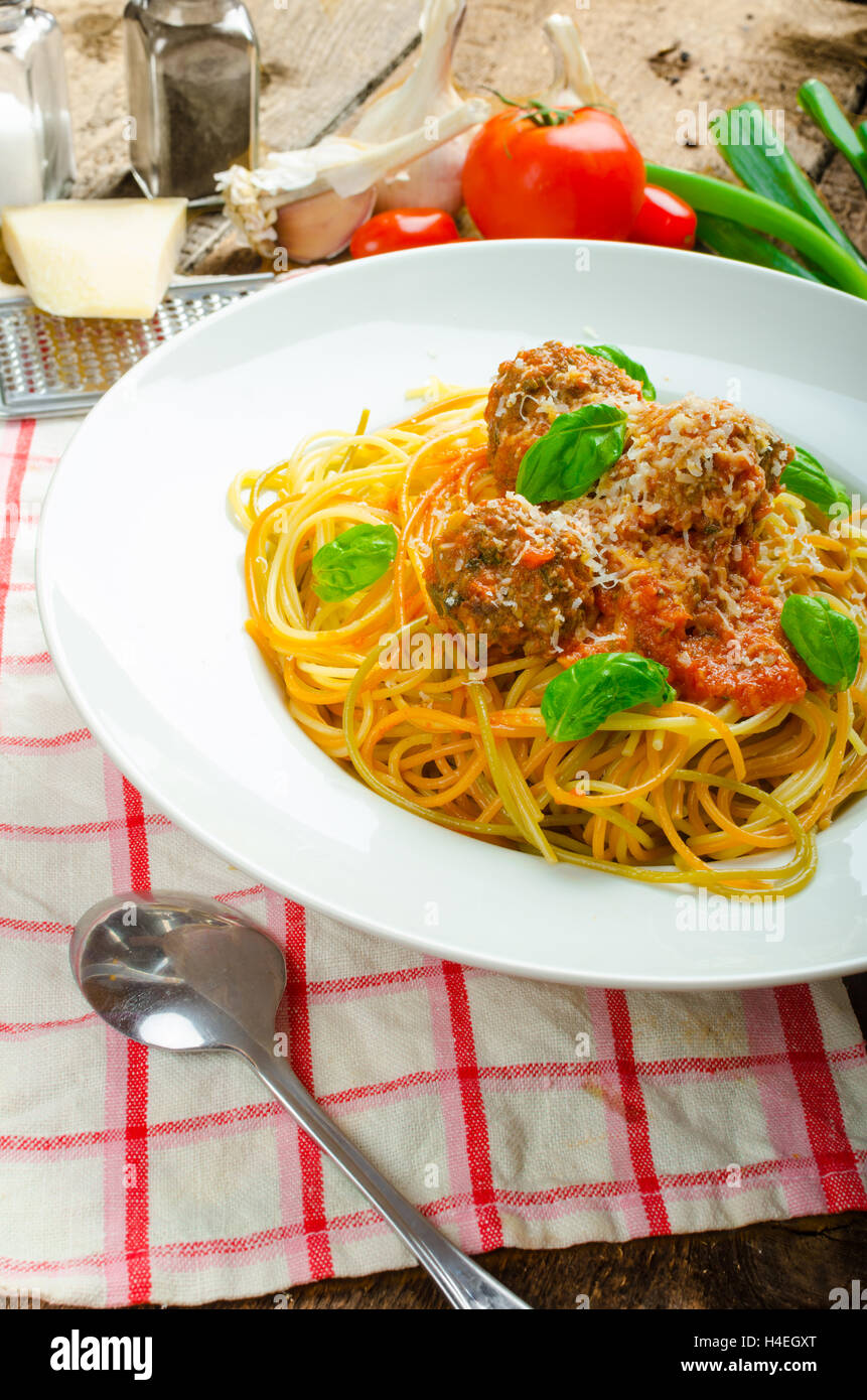 New York meatballs pasta, tomato sauce, all bio food from garden Stock ...