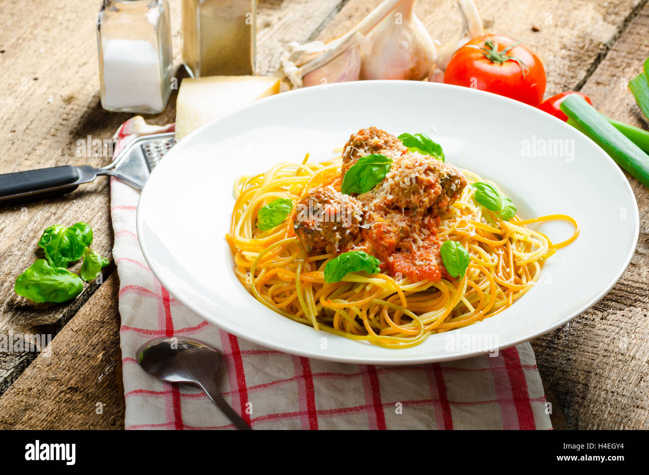 New York meatballs pasta, tomato sauce, all bio food from garden Stock ...