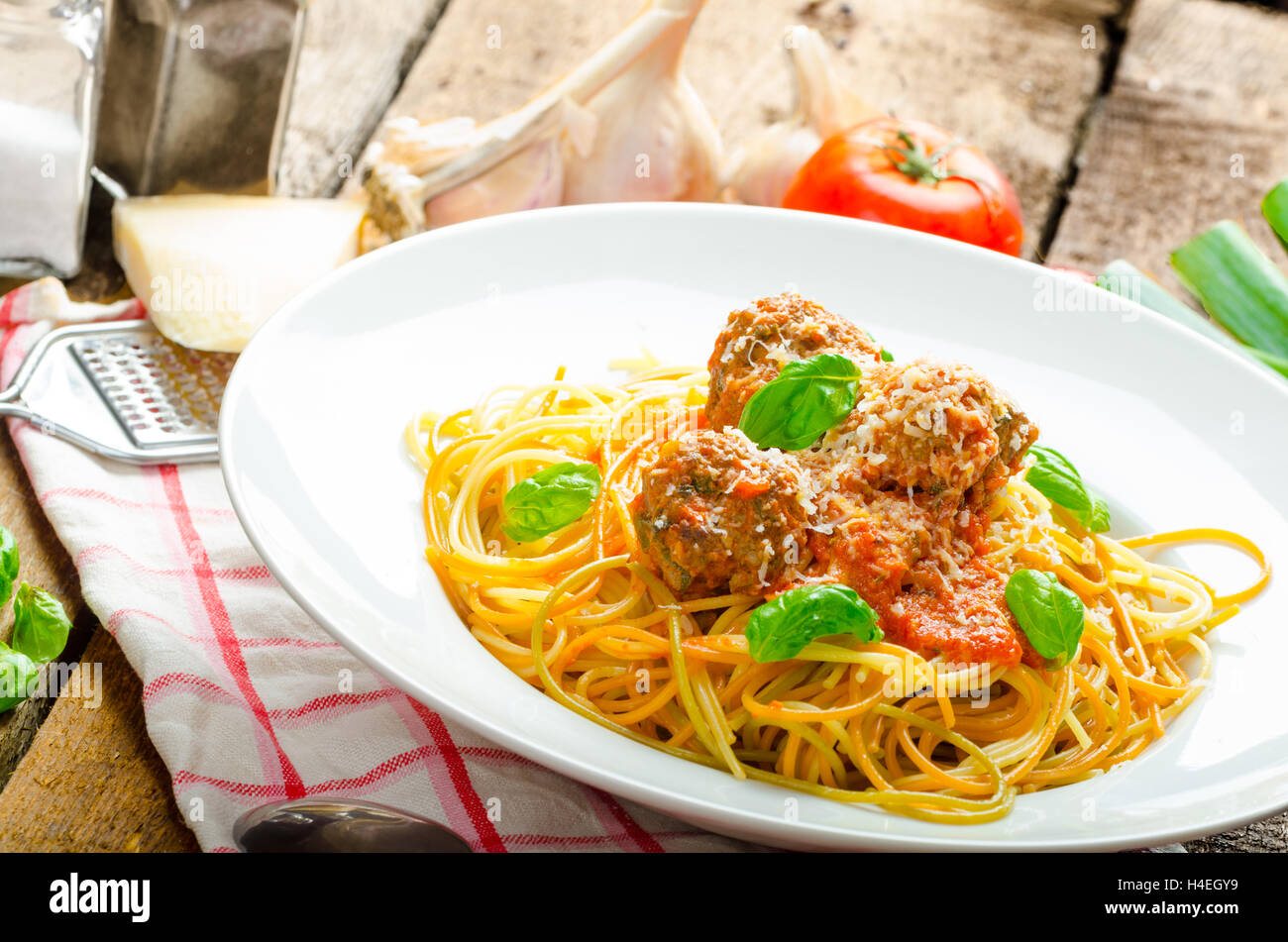 New York meatballs pasta, tomato sauce, all bio food from garden Stock ...