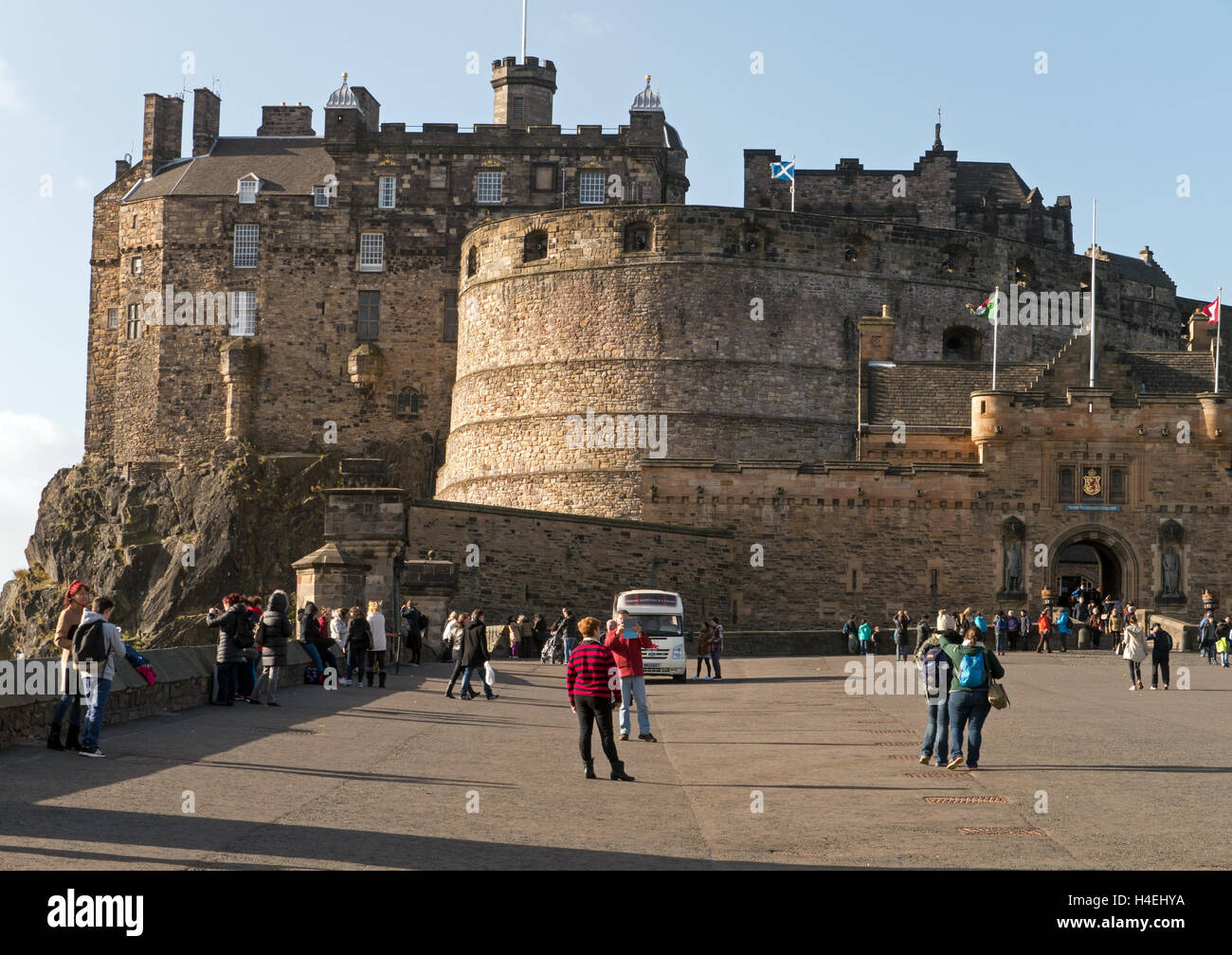 Edinburgh Castle viewed from The Esplanade with tourists, Old Town ...