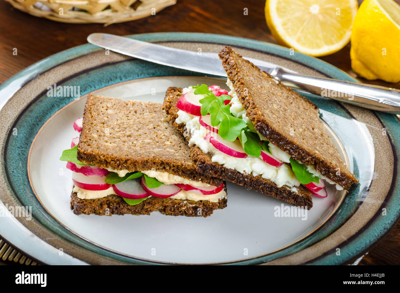 Healthy snack - wholemeal bread with egg-cream spread and fresh ...