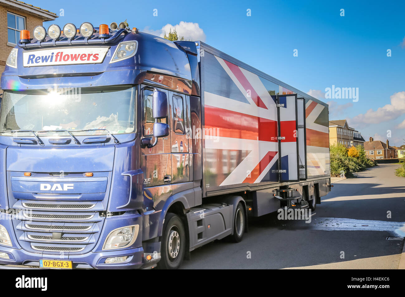 A large truck or lorry with the Union Flag as its livery colours. The ...