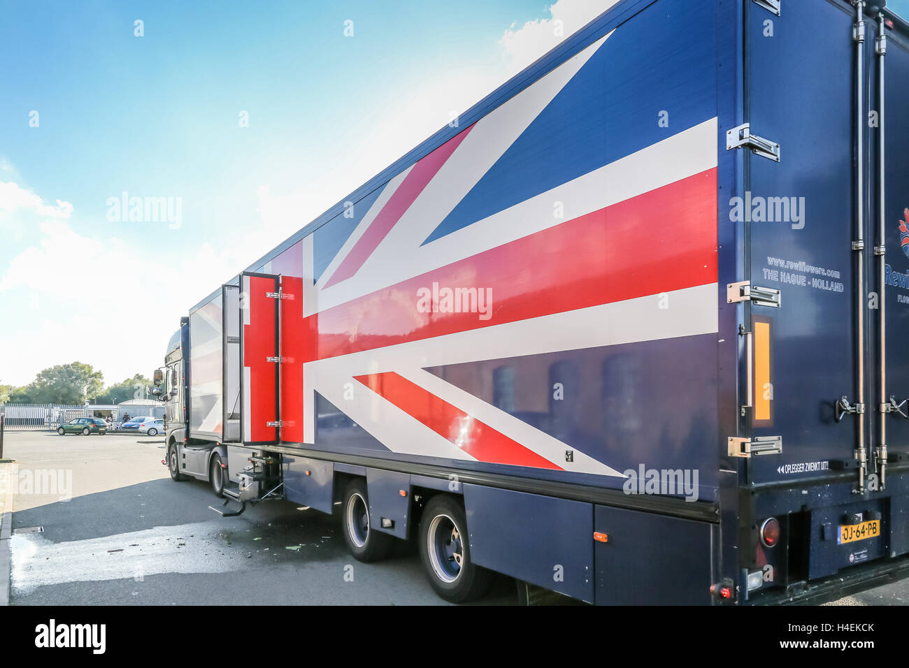 A large truck or lorry with the Union Flag as its livery colours. The ...