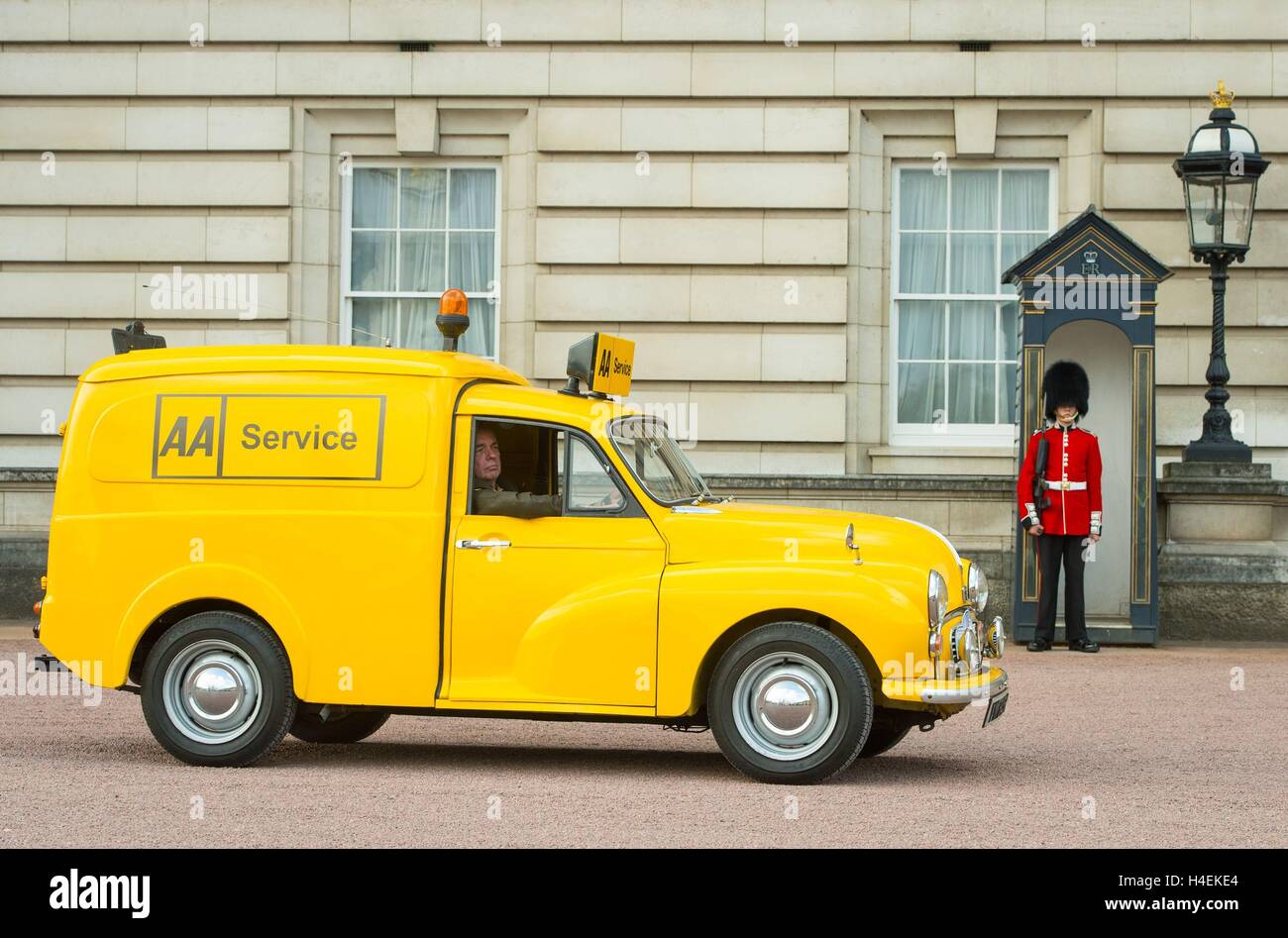 A 1970 AA Patrol Morris 1000 van arrives at Buckingham Palace, London ...