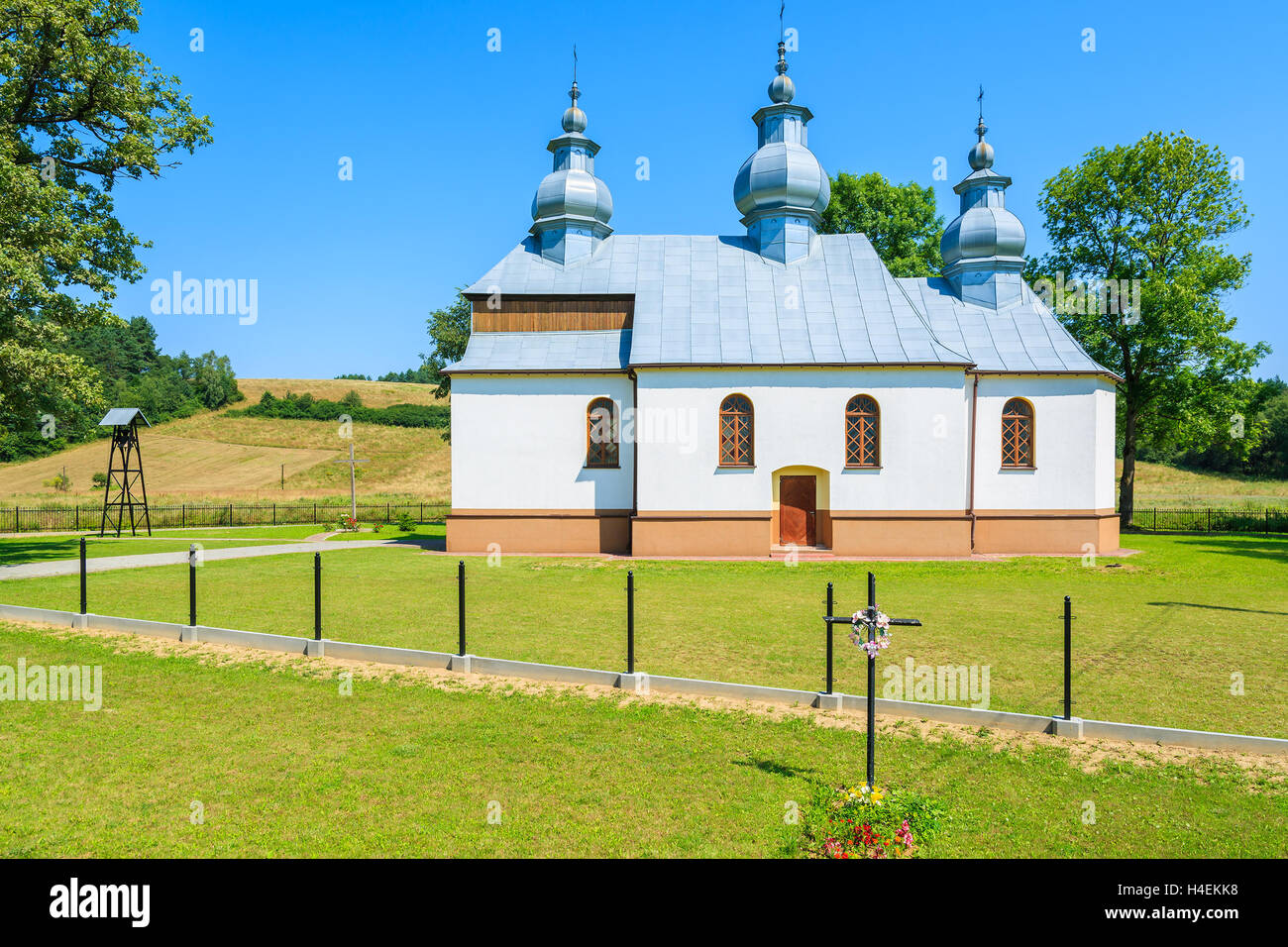 White orthodox church built in traditional style near Bircza village ...