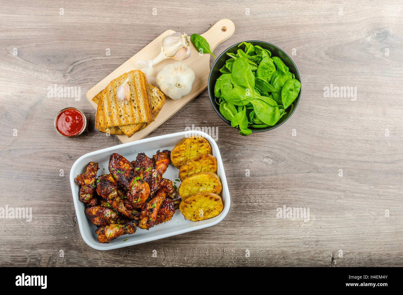 Sticky chicken wings with garlic bread panini, rustic spicy potatoes ...