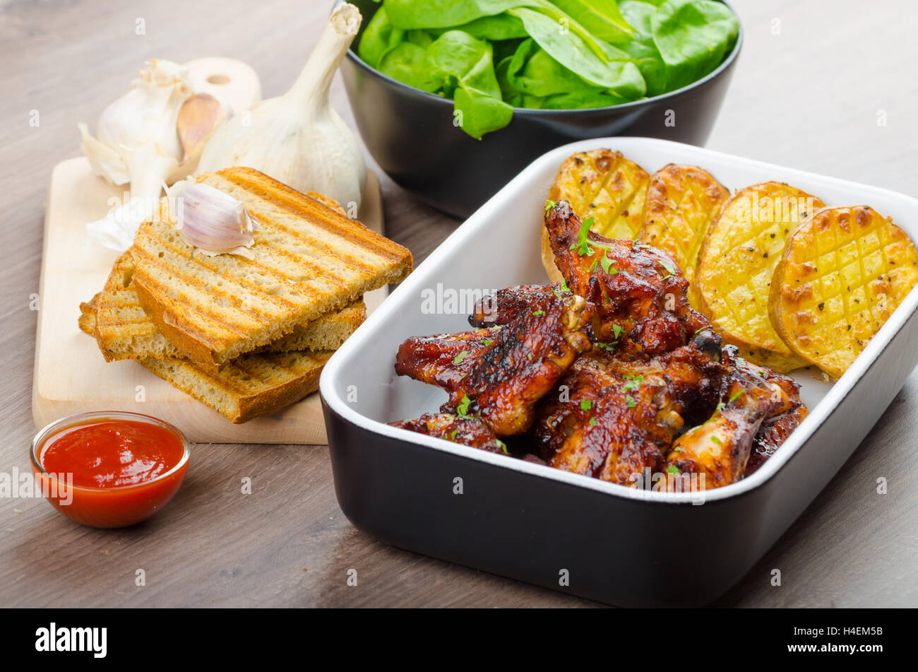 Sticky chicken wings with garlic bread panini, rustic spicy potatoes ...