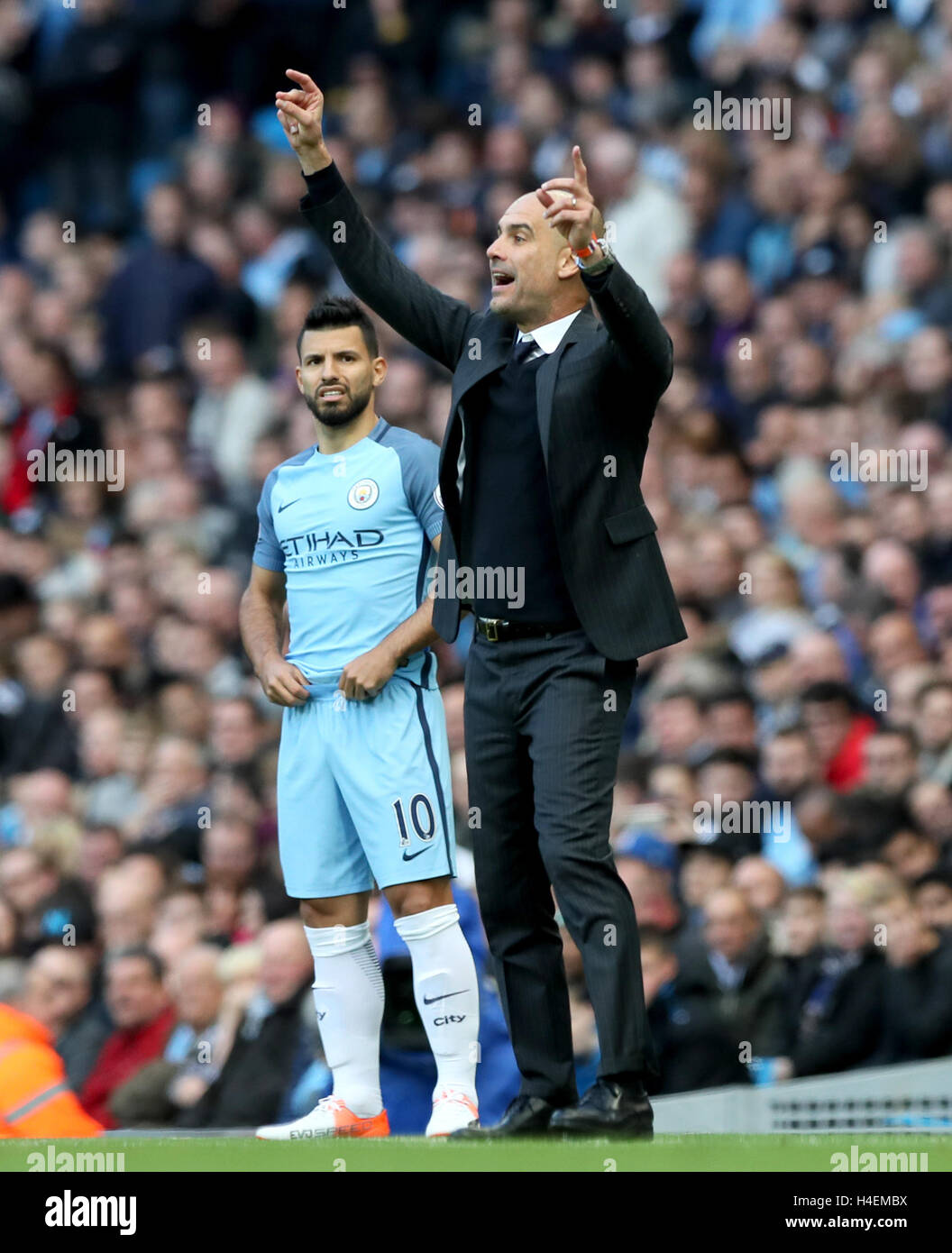 Manchester City manager Pep Guardiola gestures on the touchline during ...
