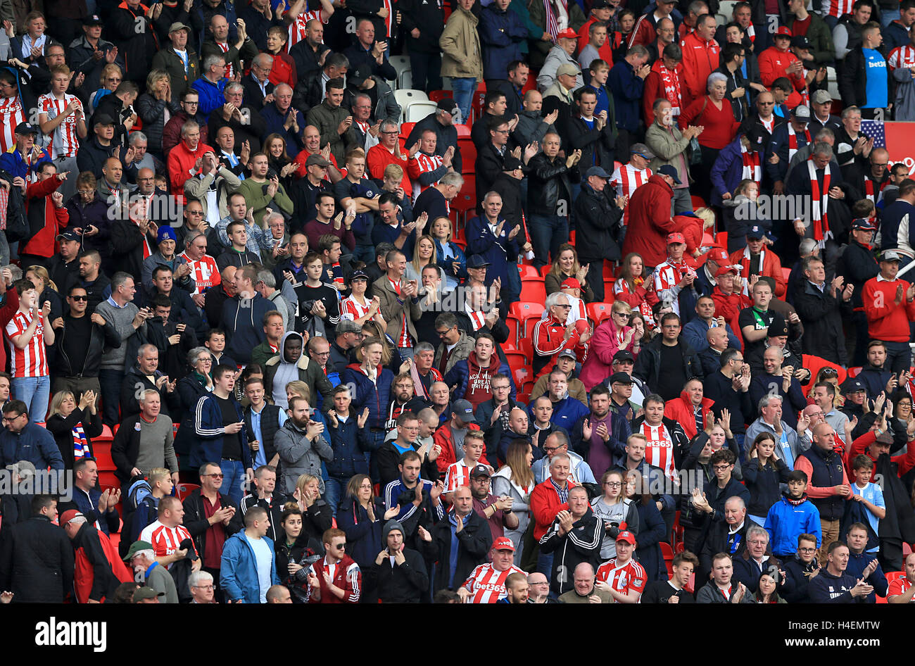 Stoke City fans celebrate in the stands during the Premier League match ...