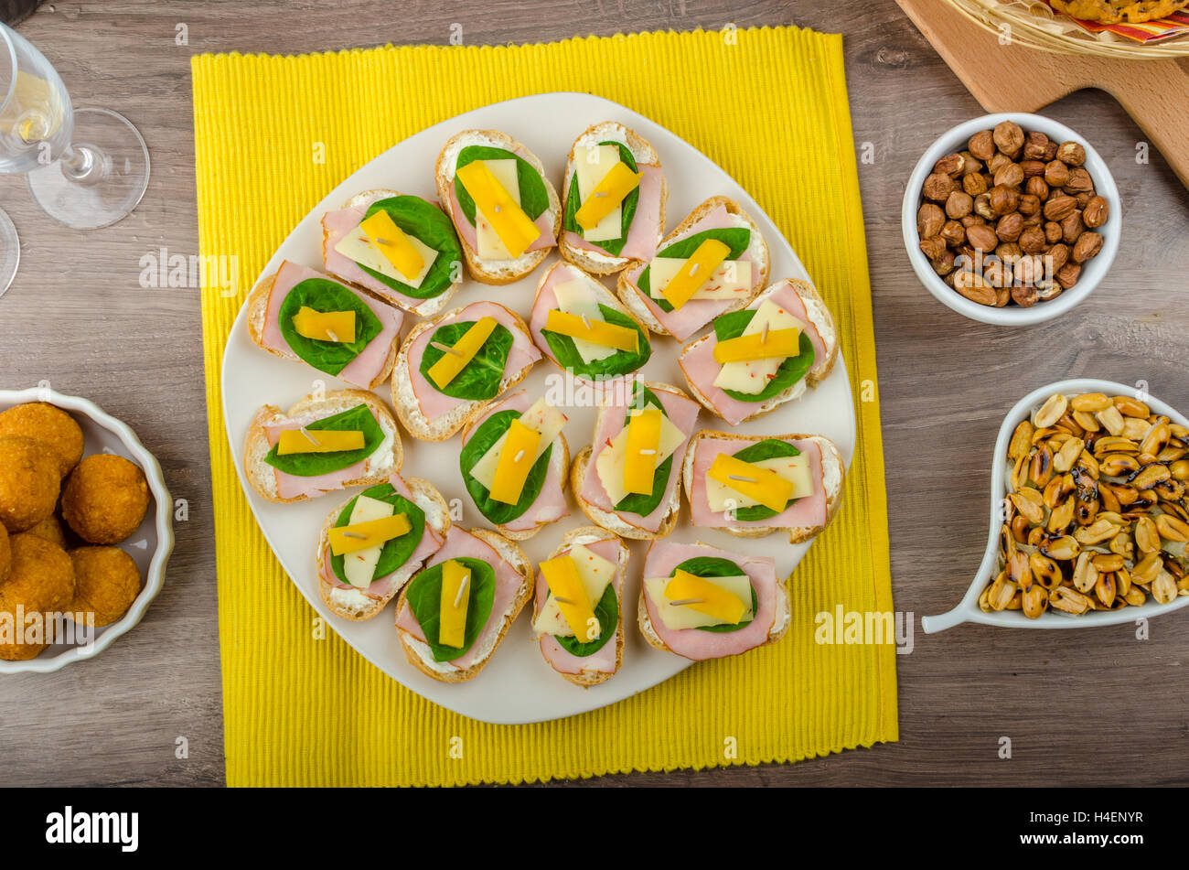 New Year's Eve meal - canapes with ham, cheese and spinach leaves ...