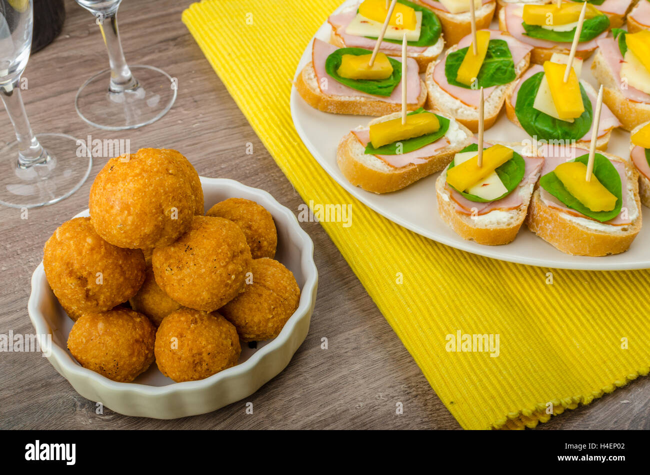 New Year's Eve meal - canapes with ham, cheese and spinach leaves ...