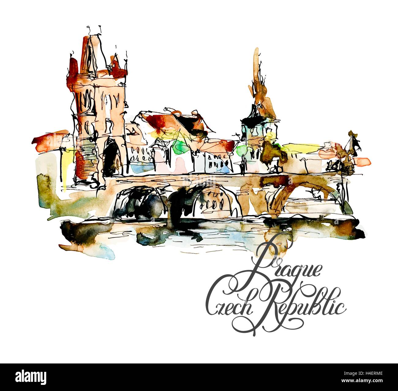 watercolor freehand sketch drawing of Prague Czech Republic top Stock ...