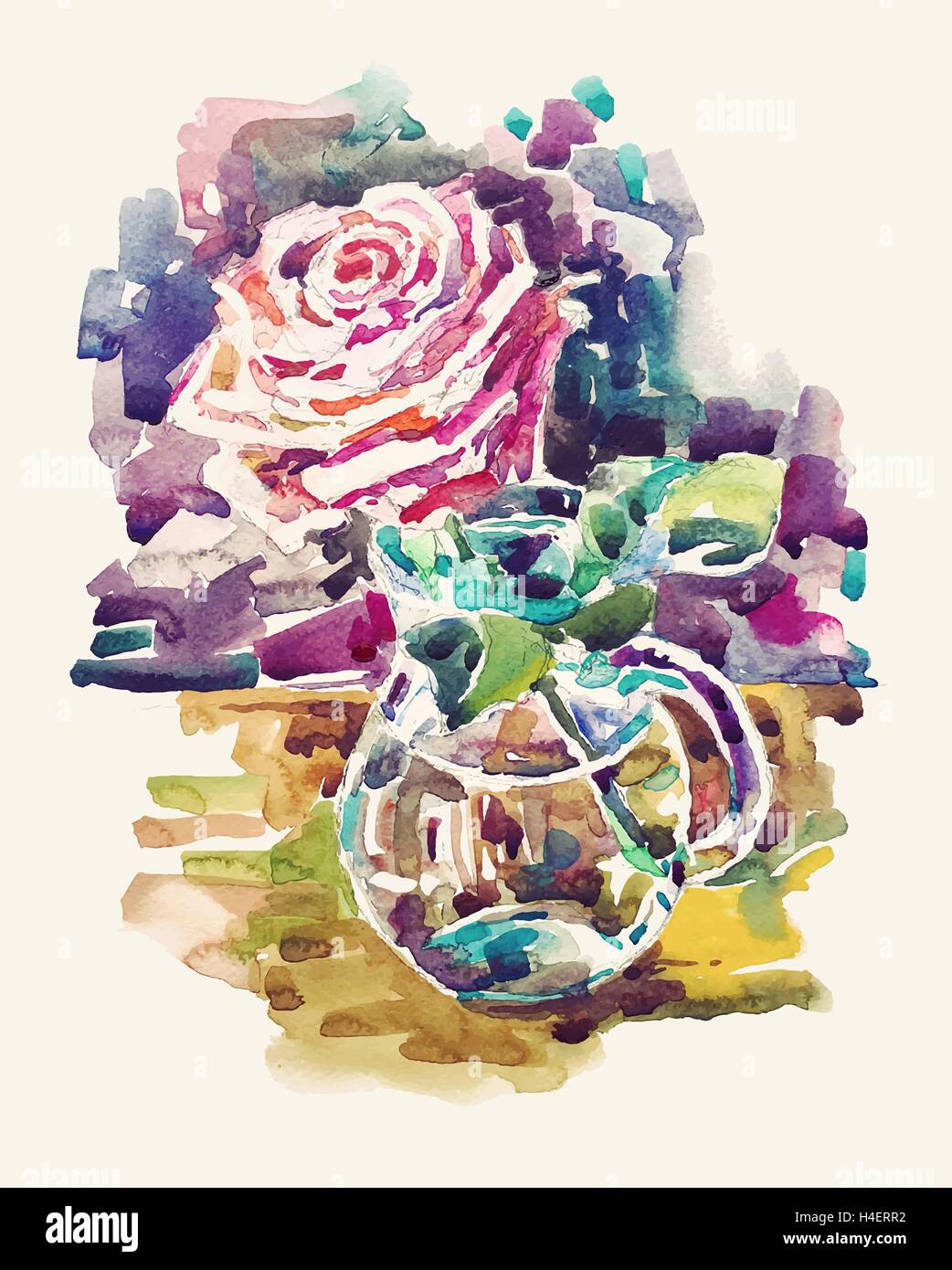 hand drawn watercolor still life rose in glass vase illustration Stock ...