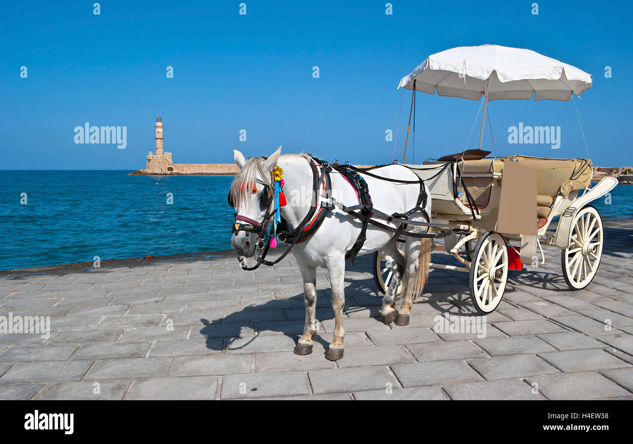 The horse with carriage in the Old Venetian Port of Chania, Crete ...