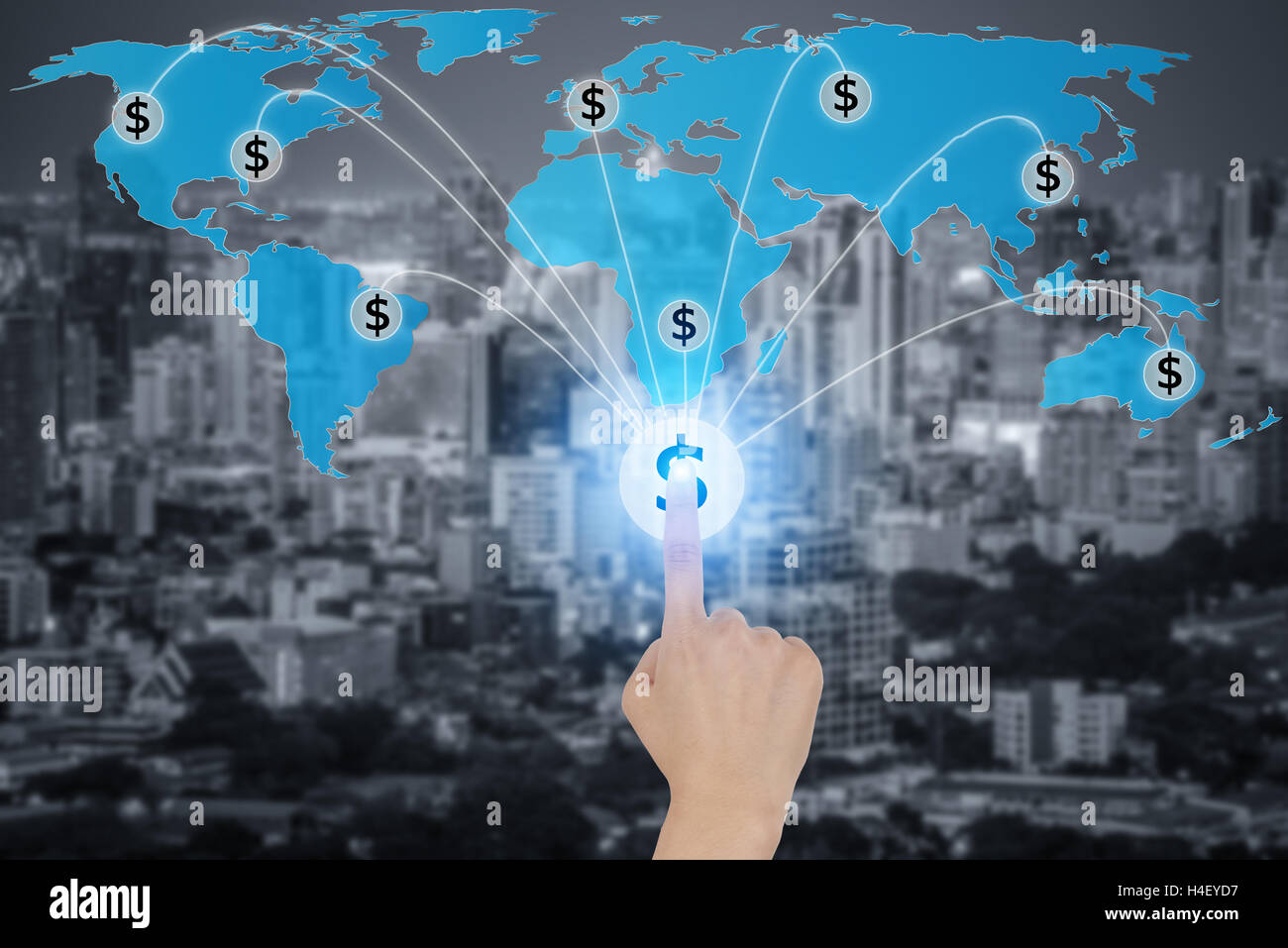 Touching button with dollar currency symbols connected in network ...