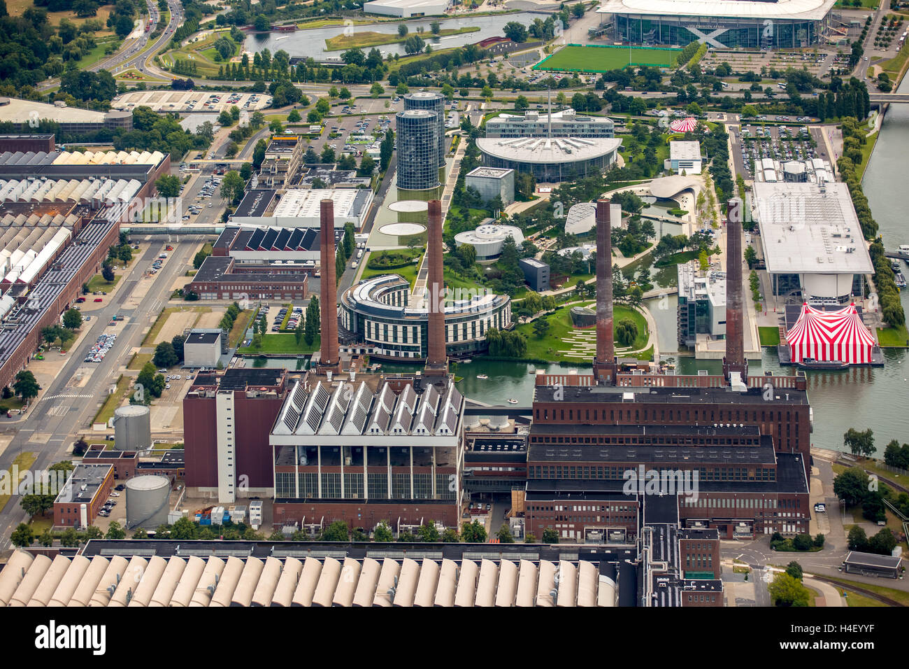 Aerial view, Volkswagen factory with heating plant VW Südstraße, Lower ...