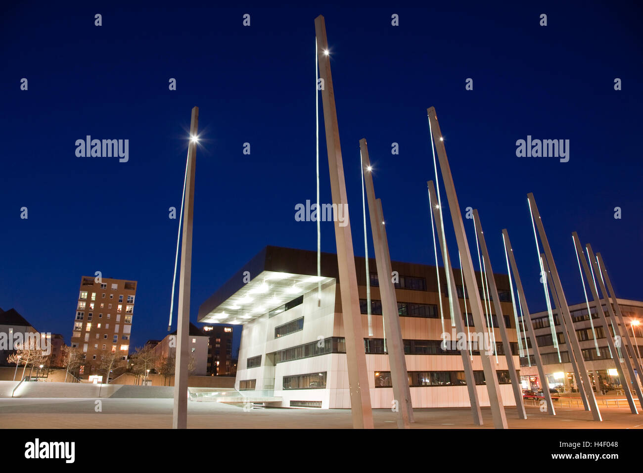 Stadthaus building at night, municipal multi-function building, town ...